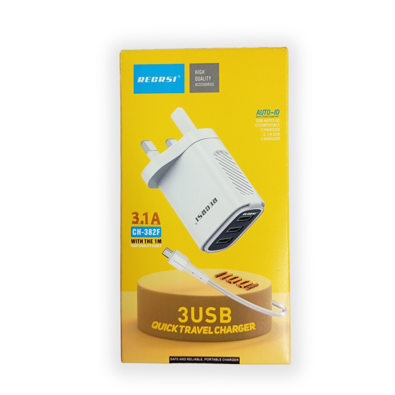 RECRSI 3 USB 3.1A TRAVEL CHARGER WITH 1M CABLE – CH382F – Blitz Store